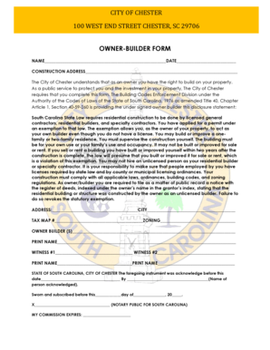 Fillable Online chestersc Owner-builder form city of chester 100 west ...