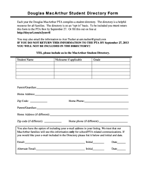 Fillable Online Douglas MacArthur Student Directory Form Fax Email ...