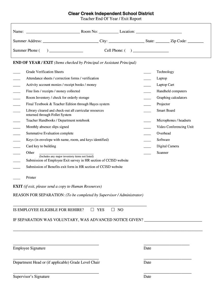 Teacher End of Year Exit Report - Blank Fillable Template | Fill Out ...