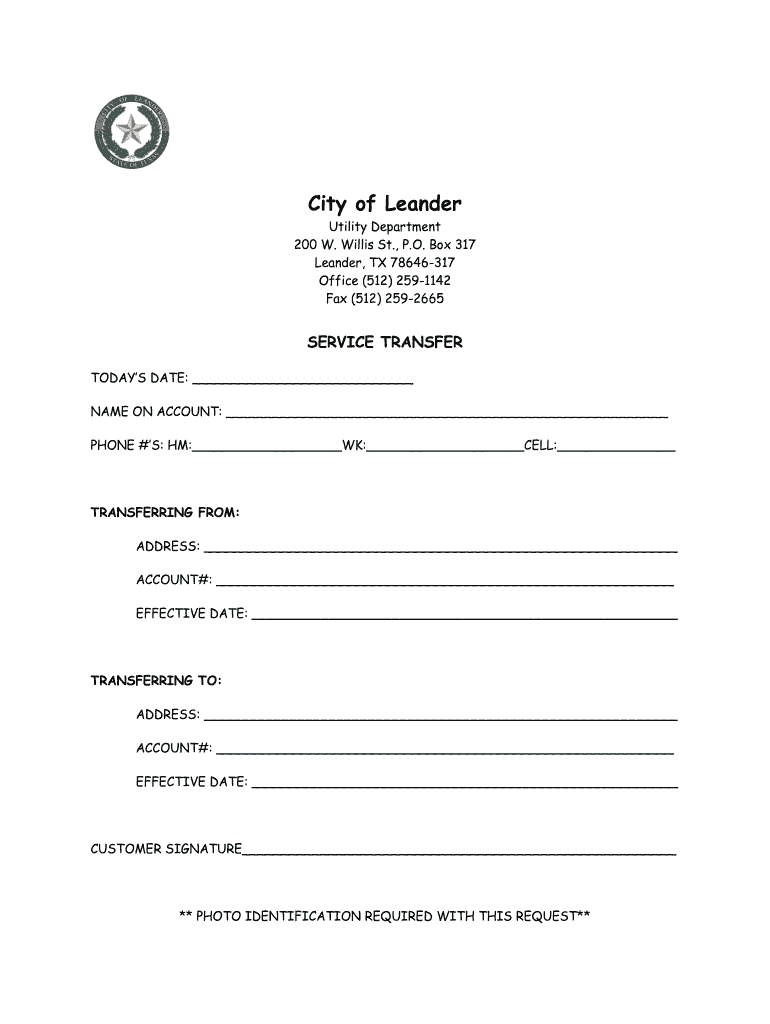 Fillable Online Utility Service Transfer Form Fax Email Print - pdfFiller