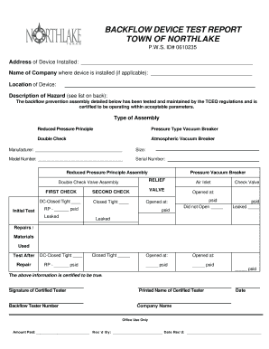 Fillable Online Backflow Test Report Form - Town of Northlake Fax Email ...