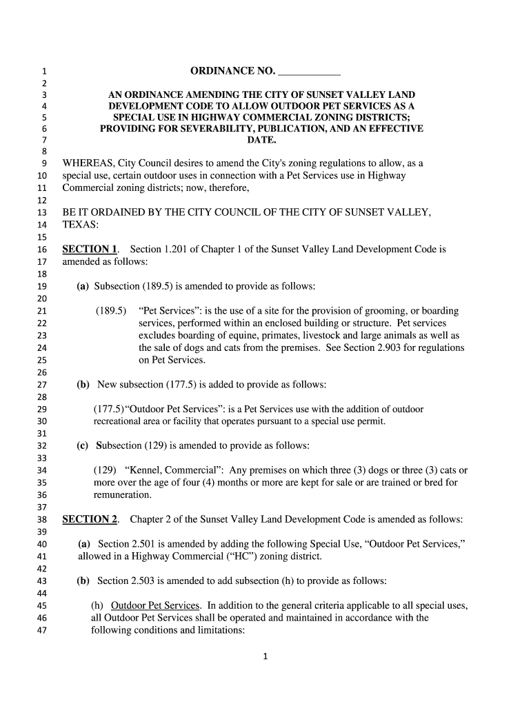 AN ORDINANCE AMENDING THE CITY OF SUNSET VALLEY LAND: Fill out & sign ...