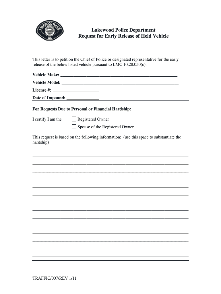 Request for Early Release of Held Vehicle: Fill out & sign online | DocHub