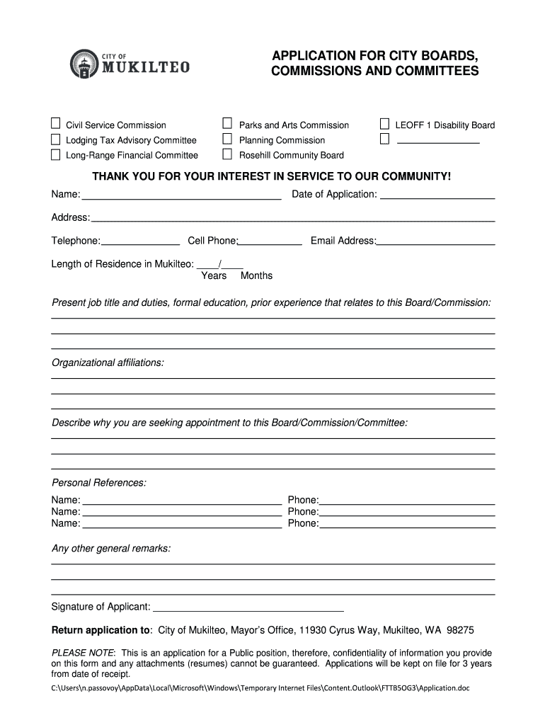 Fillable Online Application for City Boards, Commissions and Committees ...