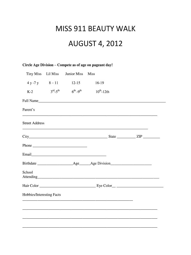 Fillable Online Miss 911 Beauty Pageant Entry Form Fax Email Print ...