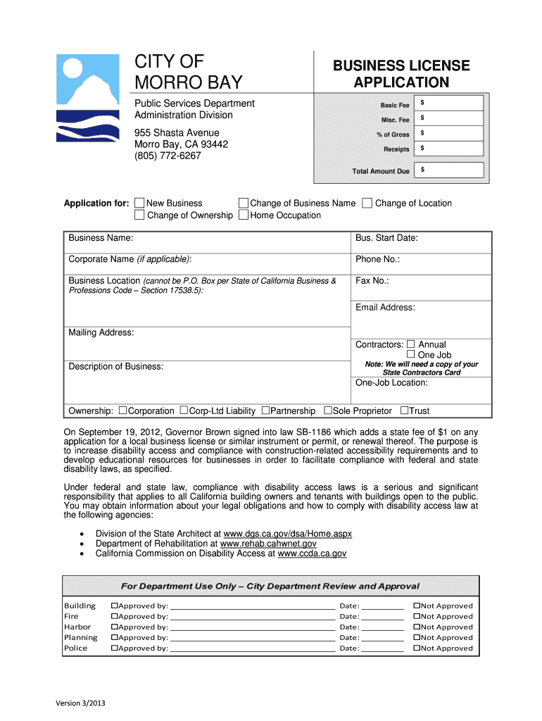 City of Morro Bay Business License Application - Blank Fillable ...