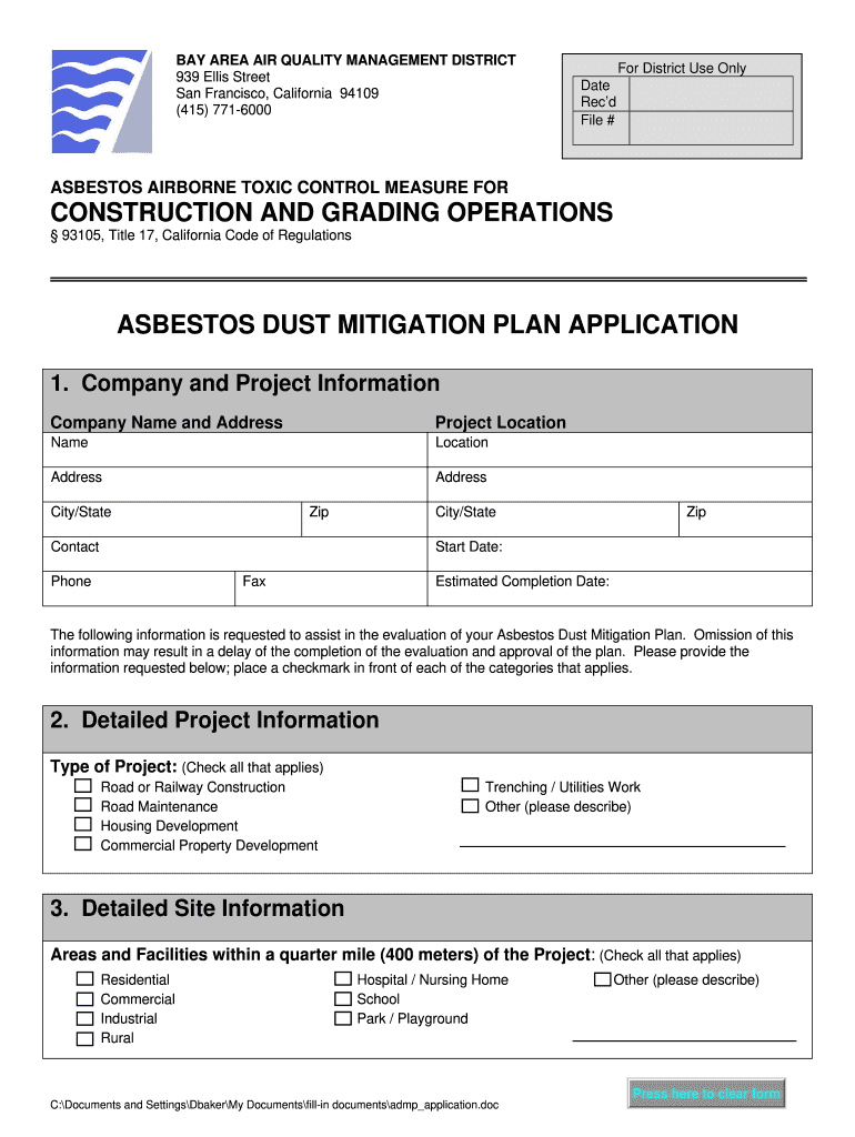 NATURALLY OCCURRING ASBESTOS DUST MITIGATION PLAN: Fill out & sign ...