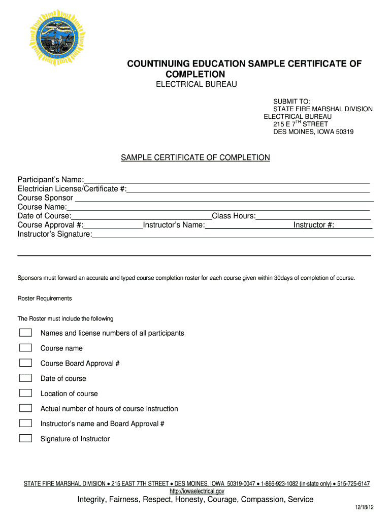 Fillable Online Continuing Education Sample Certificate of Completion ...