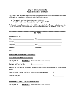 Fillable Online cityofunionky Bid form for the collection and disposal ...