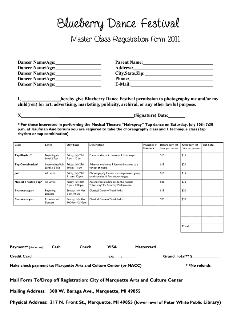 Fillable Online Blueberry Dance Festival Master Class Registration Fax ...