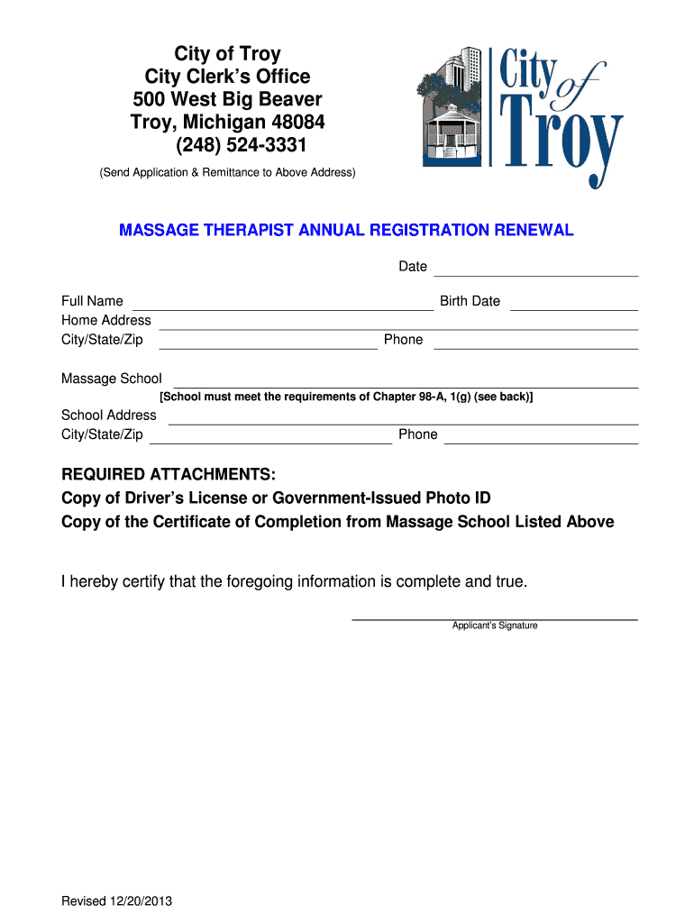 Fillable Online Massage Therapist Annual Registration Renewal Fax Email ...
