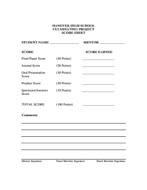 Fillable Online HANOVER HIGH SCHOOL CULMINATING PROJECT SCORE SHEET Fax ...