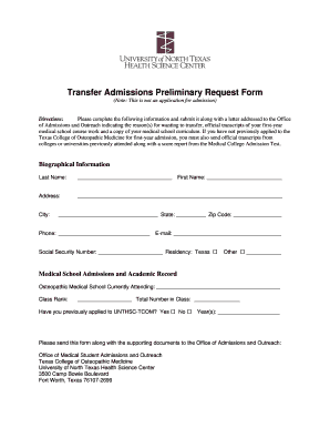Fillable Online Transfer Admissions Preliminary Request Form Fax Email ...
