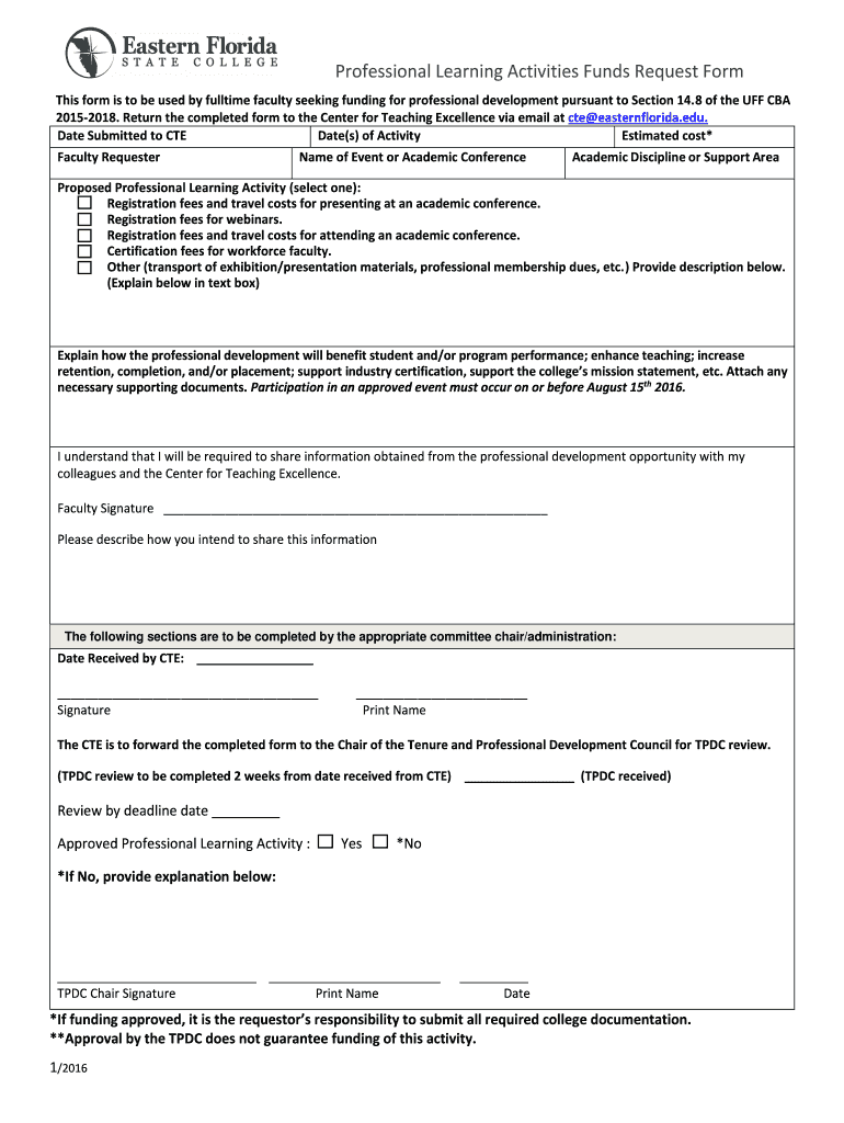 Fillable Online Professional Learning Activities Funds Request Form Fax ...