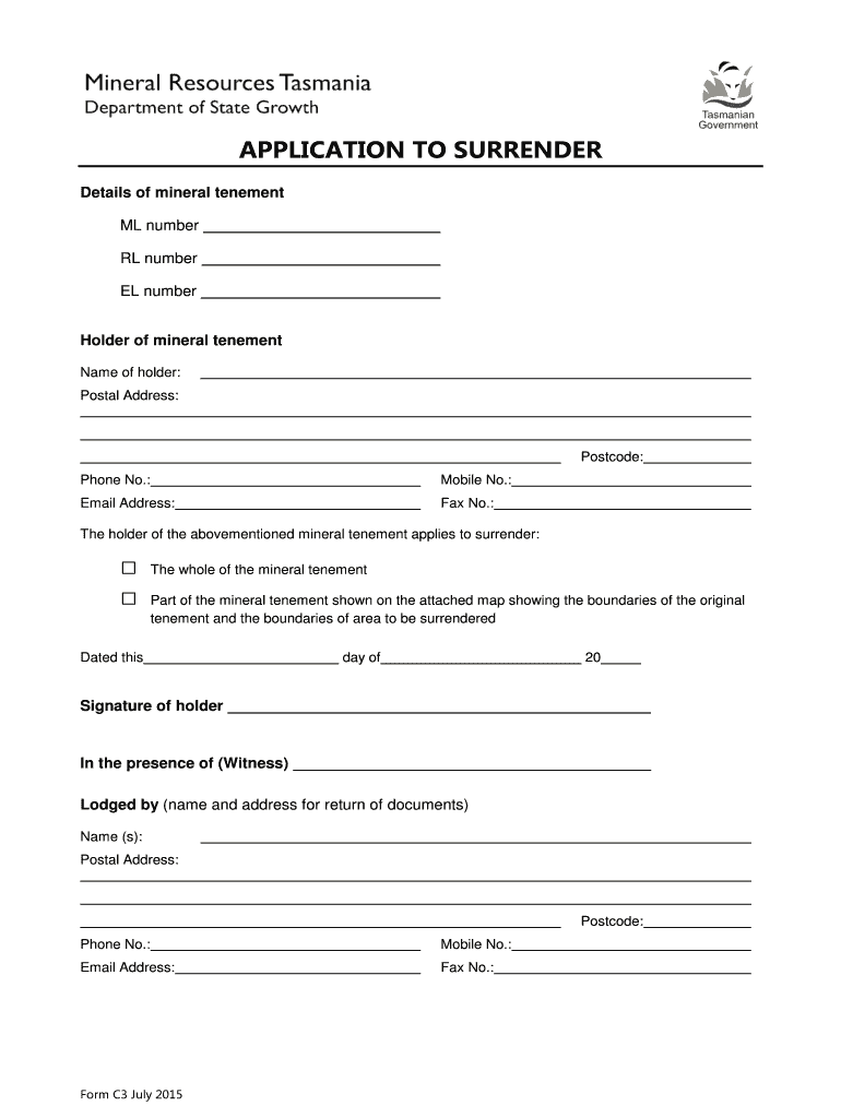 Fillable Online mrt tas gov APPLICATION TO SURRENDER - mrttasgovau ...
