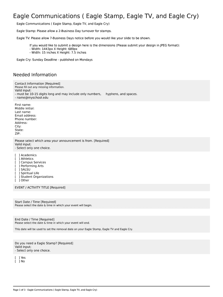 Fillable Online Eagle Communications Eagle Stamp Eagle TV and Eagle Cry ...