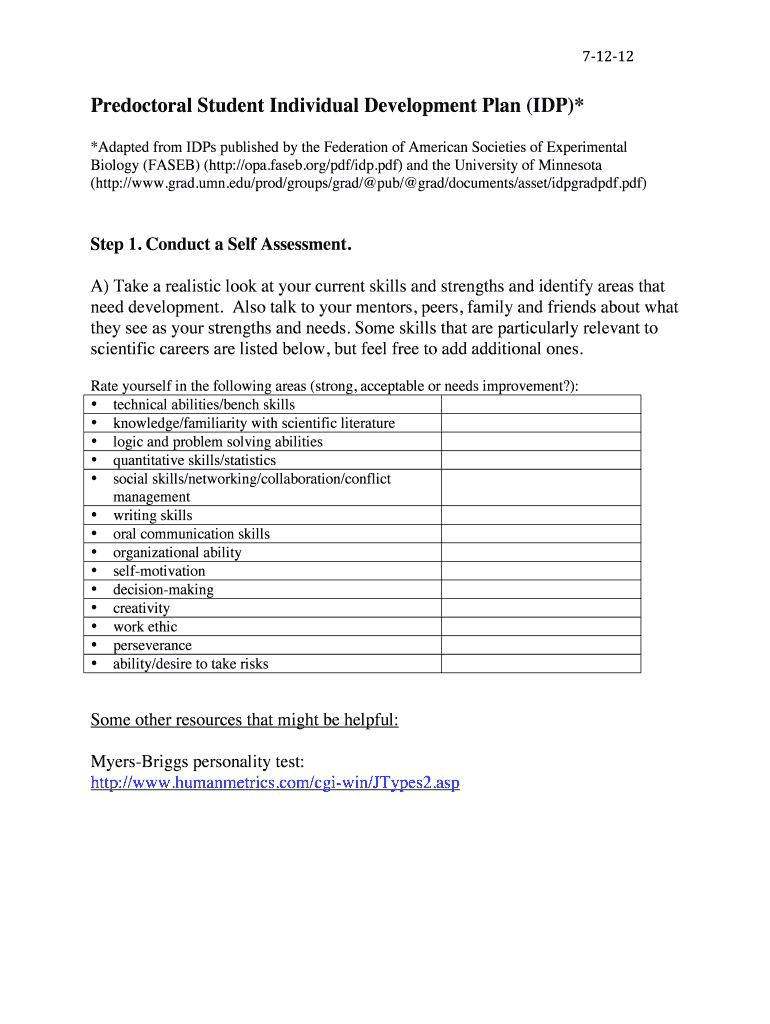 Fillable Online Predoctoral Student Individual Development Plan (IDP ...