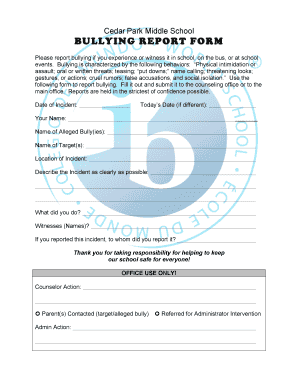 Fillable Online Cedar Park Middle School BULLYING REPORT FORM Fax Email ...