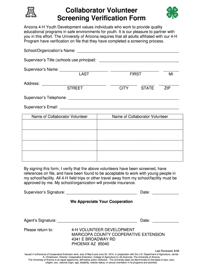 Fillable Online extension arizona Screening Verification Form ...
