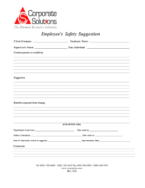 Fillable Online Employees Safety Suggestion - Corporate Solutions Fax ...