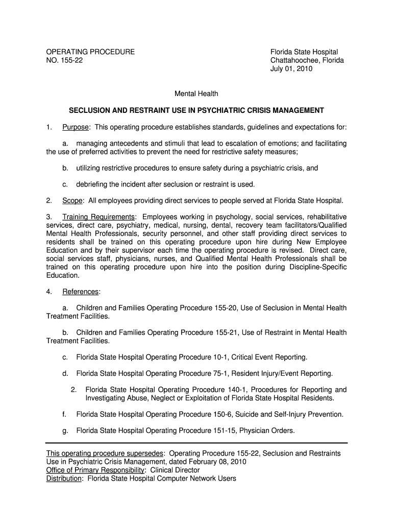 Fillable Online dcf state fl FSHOP 155-22 Seclusion and Restraints Use ...