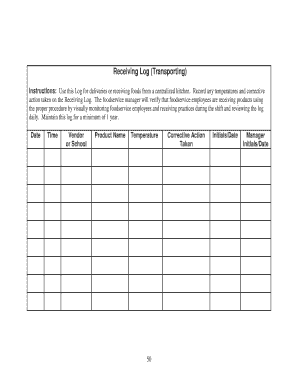 Fillable Online Food Safety Plan - Receiving Log Transporting Fax Email ...