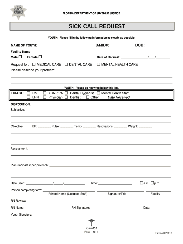Fillable Online djj state fl HS-032SickCallRequestFormrev2-10PDF Fax ...