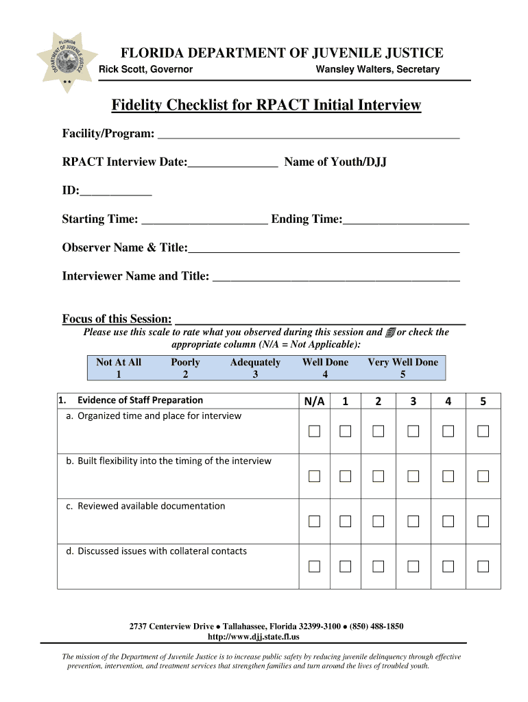 Fillable Online djj state fl Fidelity Checklist for RPACT Initial ...