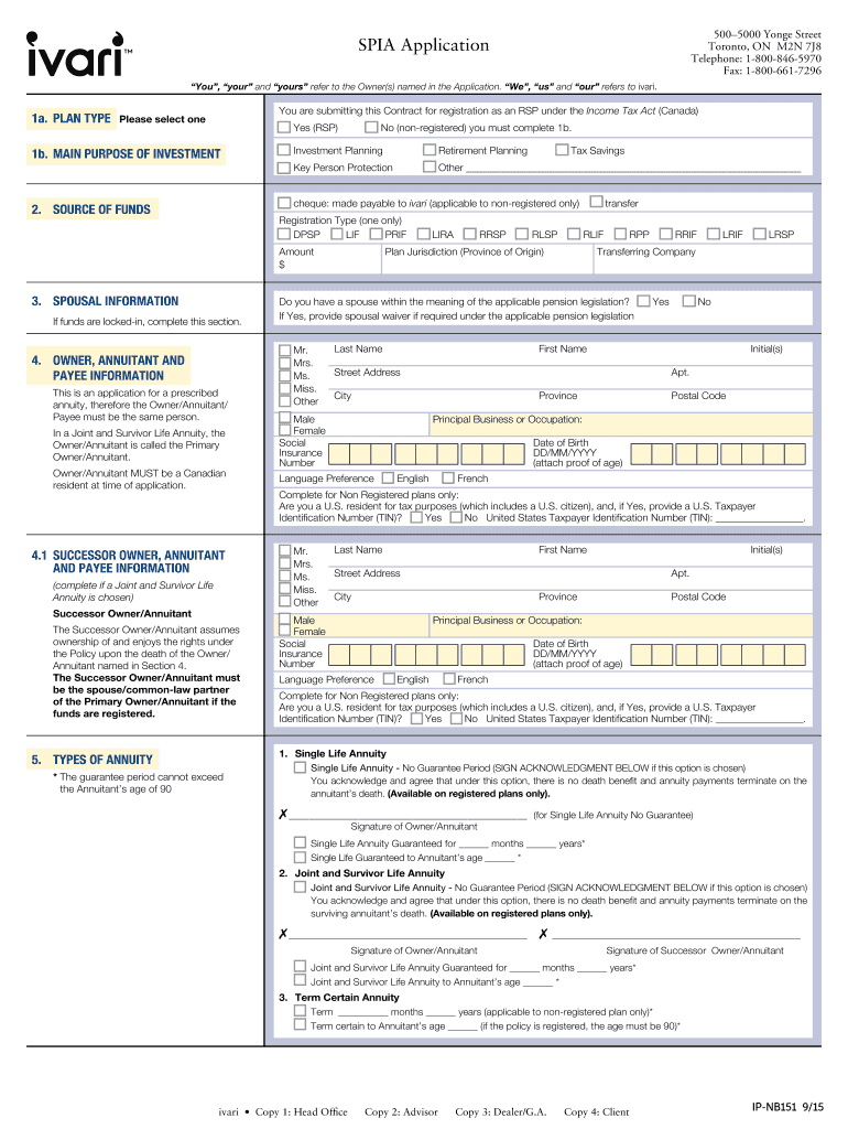 Fillable Online ivari IP-NB151. IP-NB151 Single Premium Immediate Annuity (SPIA) Application Fax ...