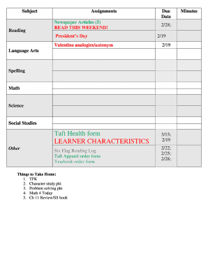 Fillable Online Taft Health form LEARNER CHARACTERISTICS Fax Email ...