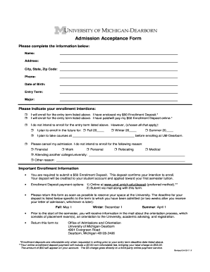 Fillable Online Admission Acceptance Form - umdearbornedu Fax Email ...