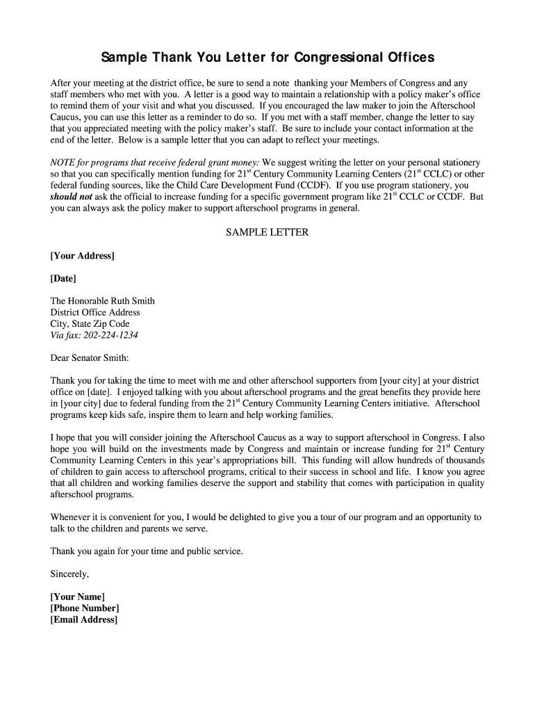 Fillable Online Sample Thank You Letter for Congressional Offices Fax ...