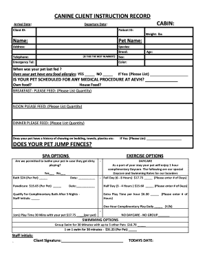 Fillable Online CANINE CLIENT INSTRUCTION RECORD CABIN - Animal Fax ...