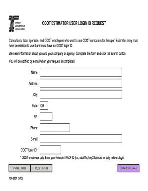 Fillable Online odot state or ODOT ESTIMATOR USER LOGIN ID REQUEST ...