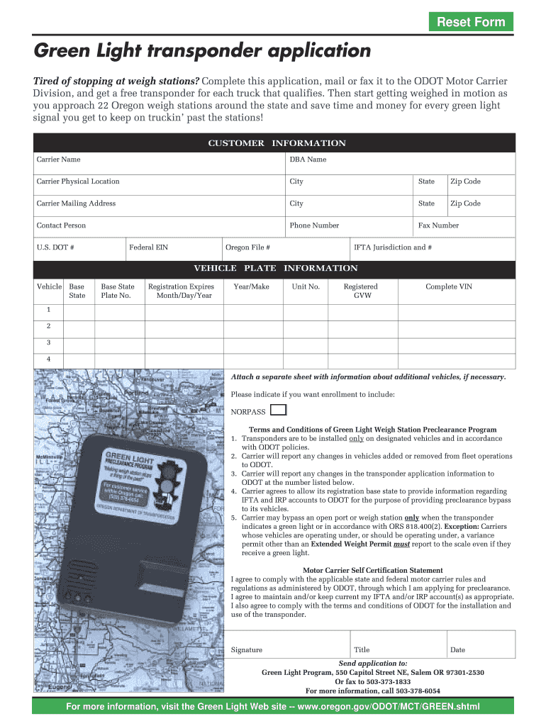 Fillable Online odot state or Green Light transponder application - odotstateorus Fax Email ...