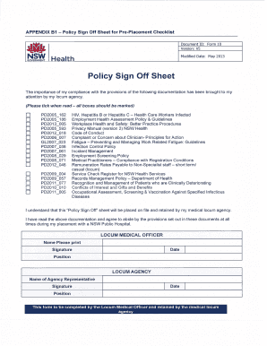 Fillable Online APPENDIX B1 Policy Sign Off Sheet for Pre-Placement ...