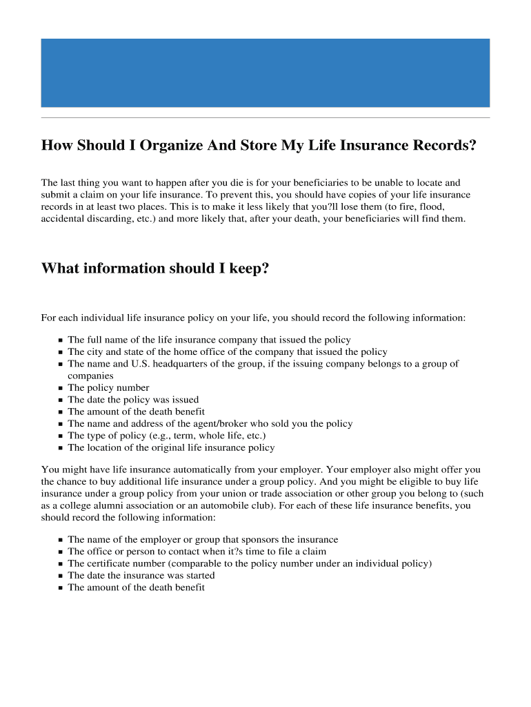 Fillable Online How Should I Organize And Store My Life Insurance ...