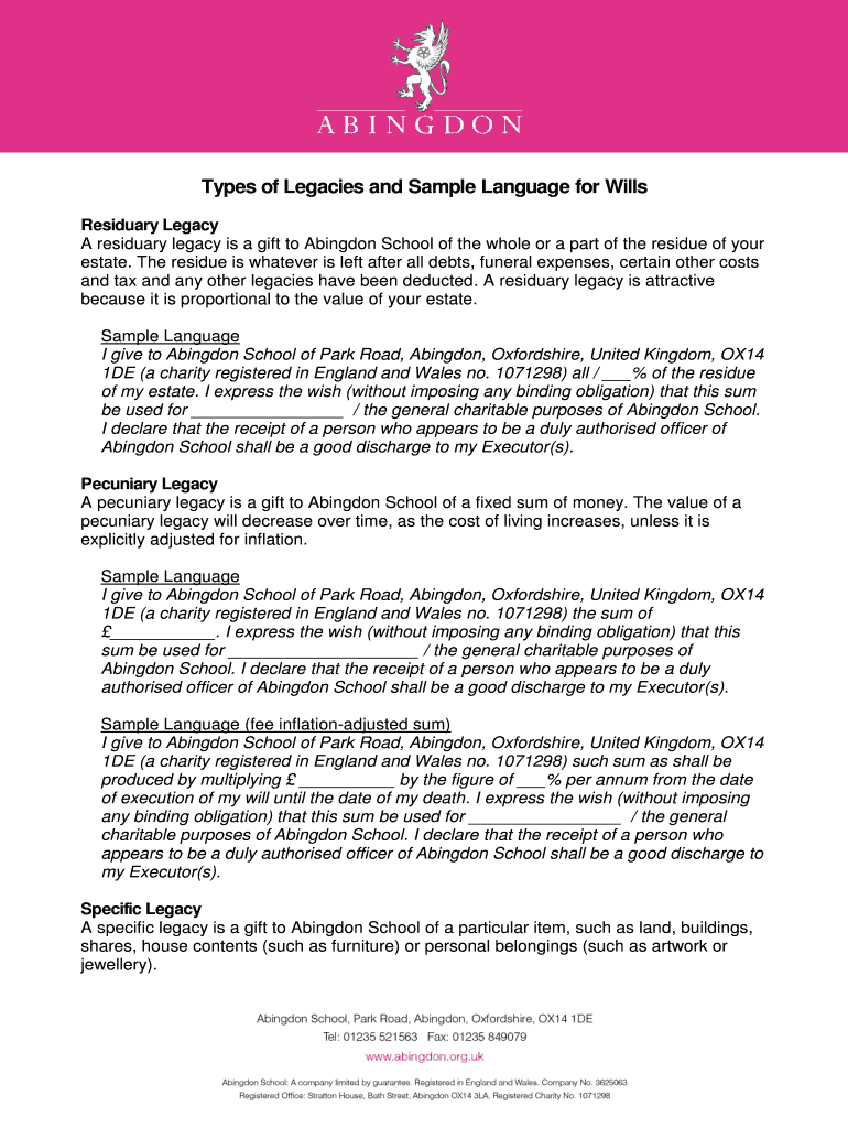 Fillable Online Types of Legacies and Sample Language for Wills ...