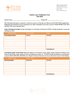 Fillable Online Student Asset Verification Form 2015-2016 - Pitzer College Fax Email Print ...
