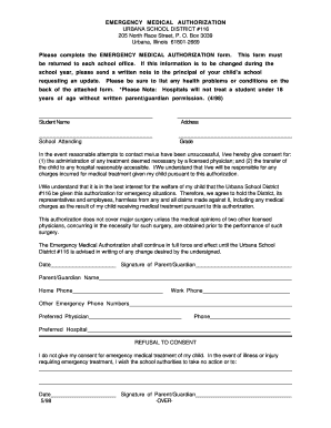 Fillable Online EMERGENCY MEDICAL AUTHORIZATION URBANA SCHOOL DISTRICT Fax Email Print - pdfFiller