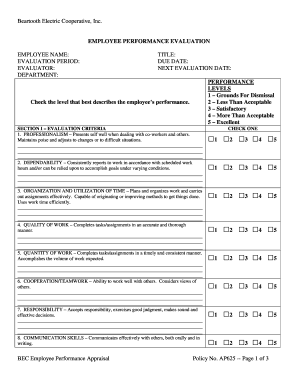 Fillable Online Employees Performance Appraisal Form - Beartooth ...