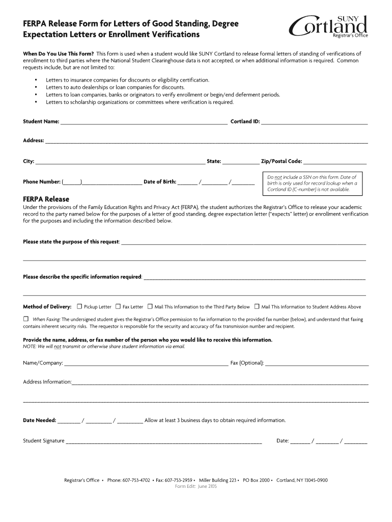 Fillable Online www2 cortland FERPA Release for Good Standing - Suny ...