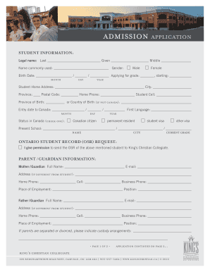 Fillable Online Admission application - Kings Christian Collegiate Fax ...
