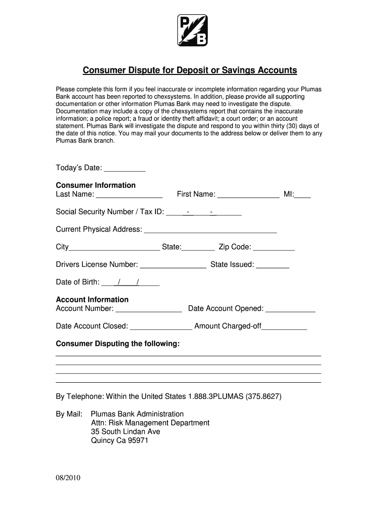 Fillable Online Consumer Dispute for Deposit or Savings Accounts ...