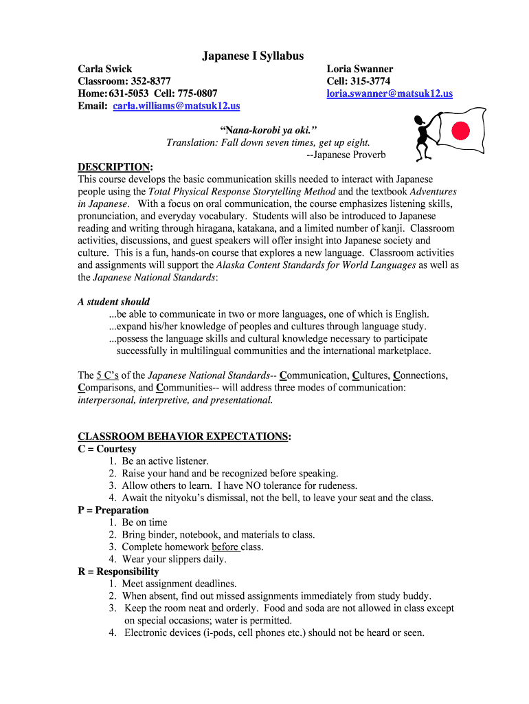 Fillable Online Japanese I Syllabus Carla Swick Classroom: 3528377 Home ...