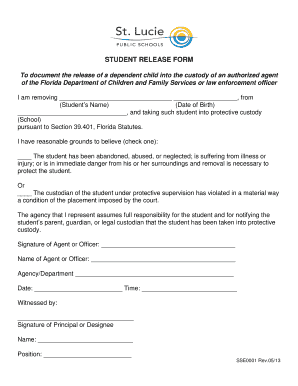 Fillable Online STUDENT RELEASE FORM - St Lucie County Public Schools ...