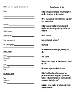 Fillable Online Fill this out Put a copy with your emergency kit Items ...