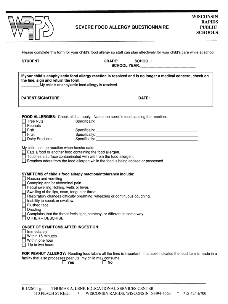 Fillable Online WISCONSIN RAPIDS SEVERE FOOD ALLERGY QUESTIONNAIRE ...