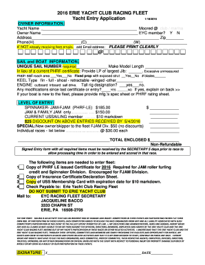 Fillable Online erieyachtclub 2016 ERIE YACHT CLUB RACING FLEET Yacht ...