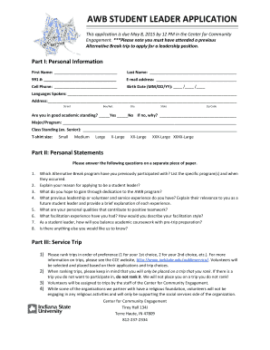 Fillable Online AWB STUDENT LEADER APPLICATION - Indiana State ...